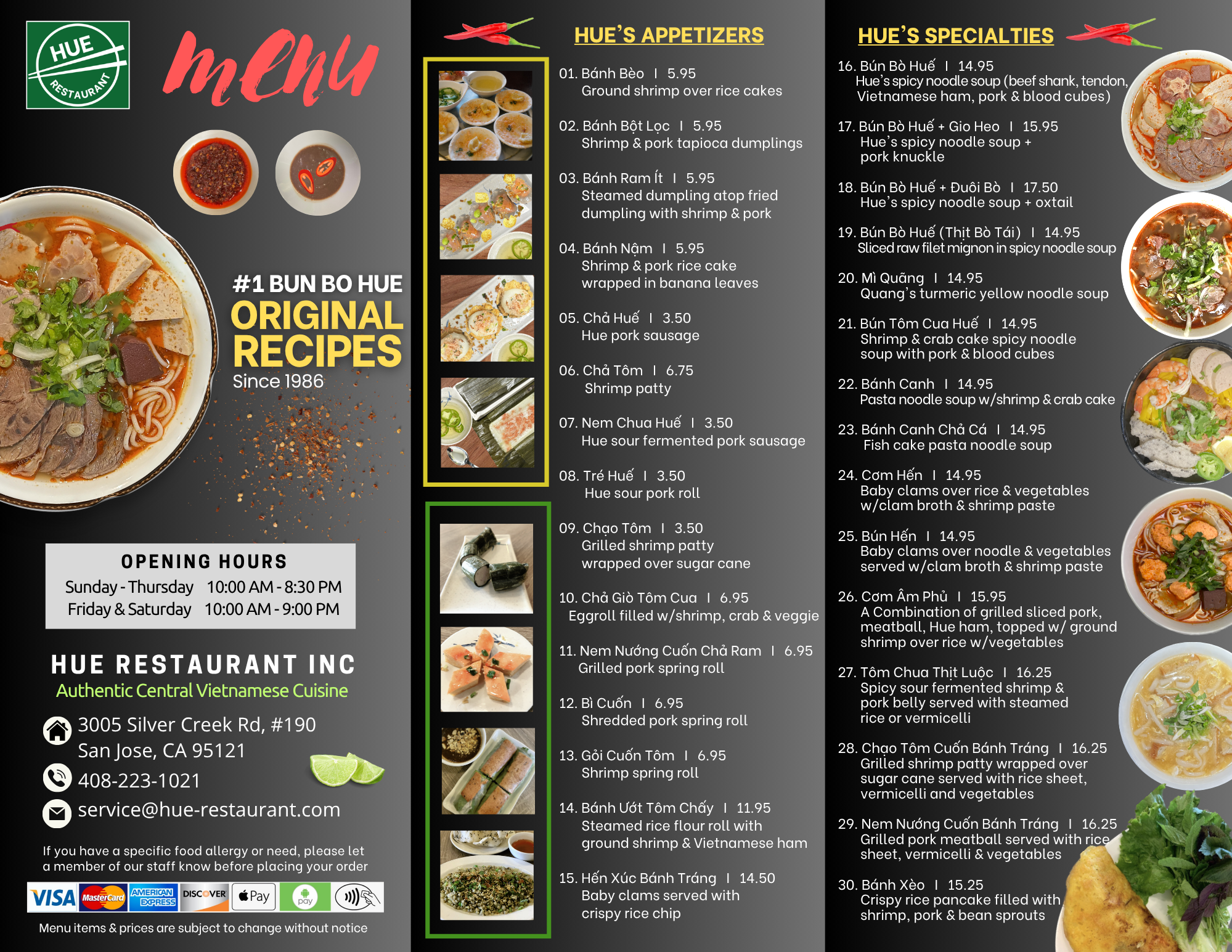 Menu | HUE Restaurant